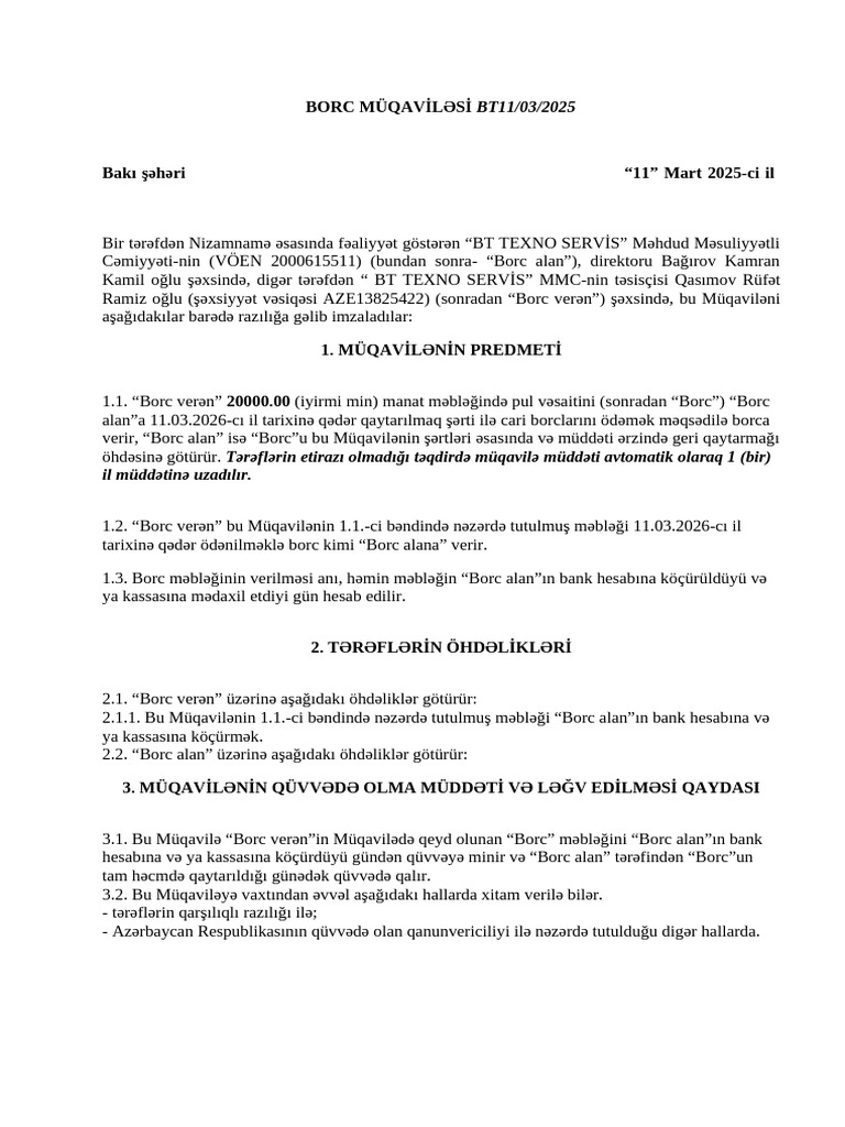 Borc Müqaviləsi - 20000 | PDF