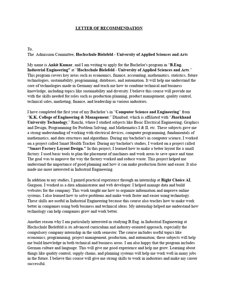 Letter of Motivation Ankit Hochschule Bielefeld | PDF | Industrial Engineering | Engineering