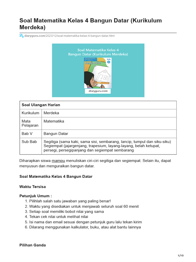 Soal Matematika Kelas 4 Bangun Datar Kurikulum Merdeka | PDF