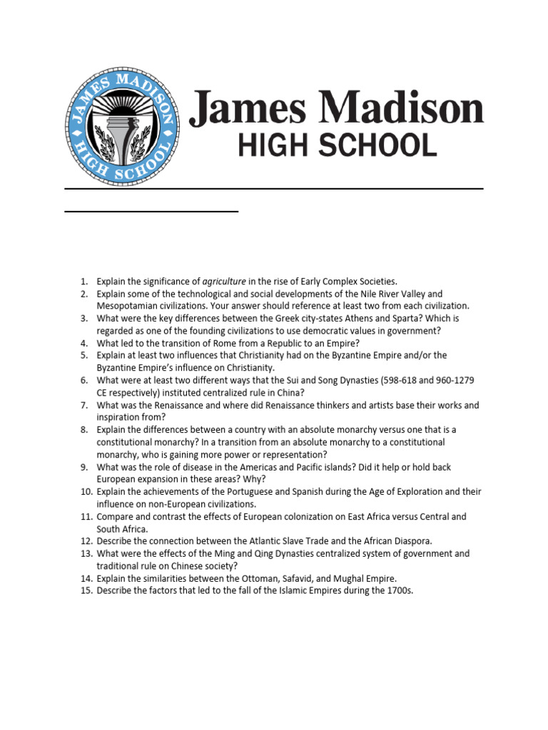 World History Semester 1 Exam | PDF