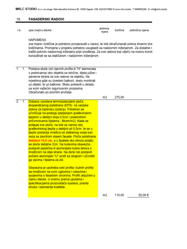TROŠKOVNIK Fasada Mlinovi BLV Božo 20-3-25 | PDF