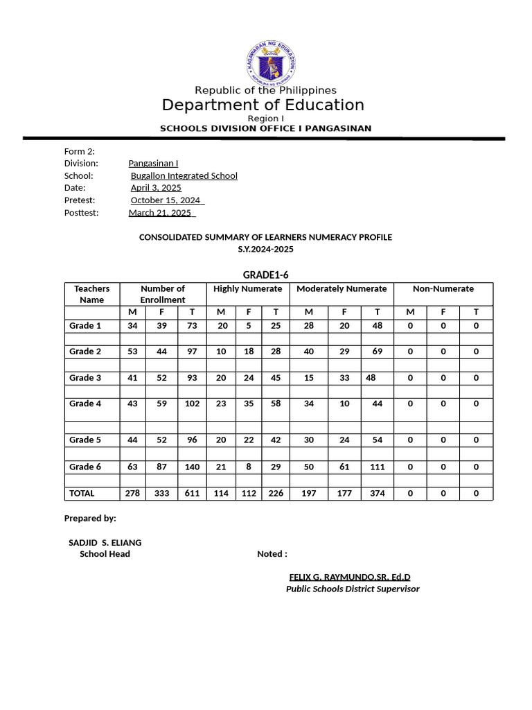 SALASA ES-consolidated-summary-of-learners-numeracyprofile | PDF