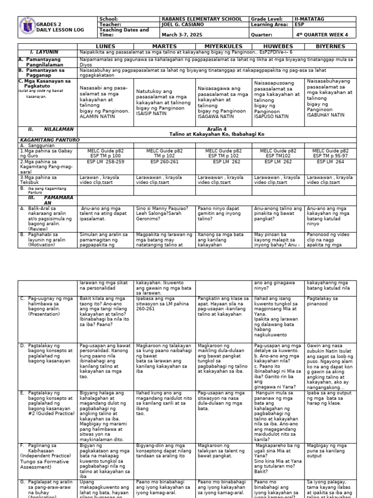 GRADE 2_MARIKIT_DLL All SUBJECTS-G2 Q4 WEEK 4 | PDF
