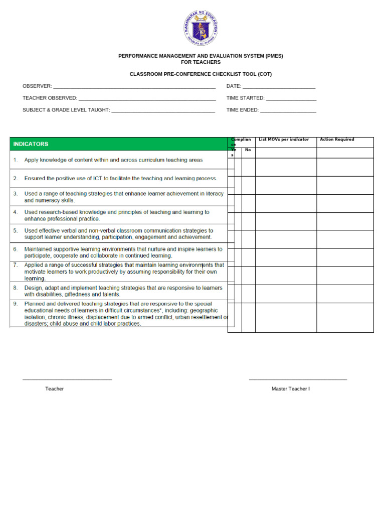 COT Mid Tear Precon Checklist | PDF