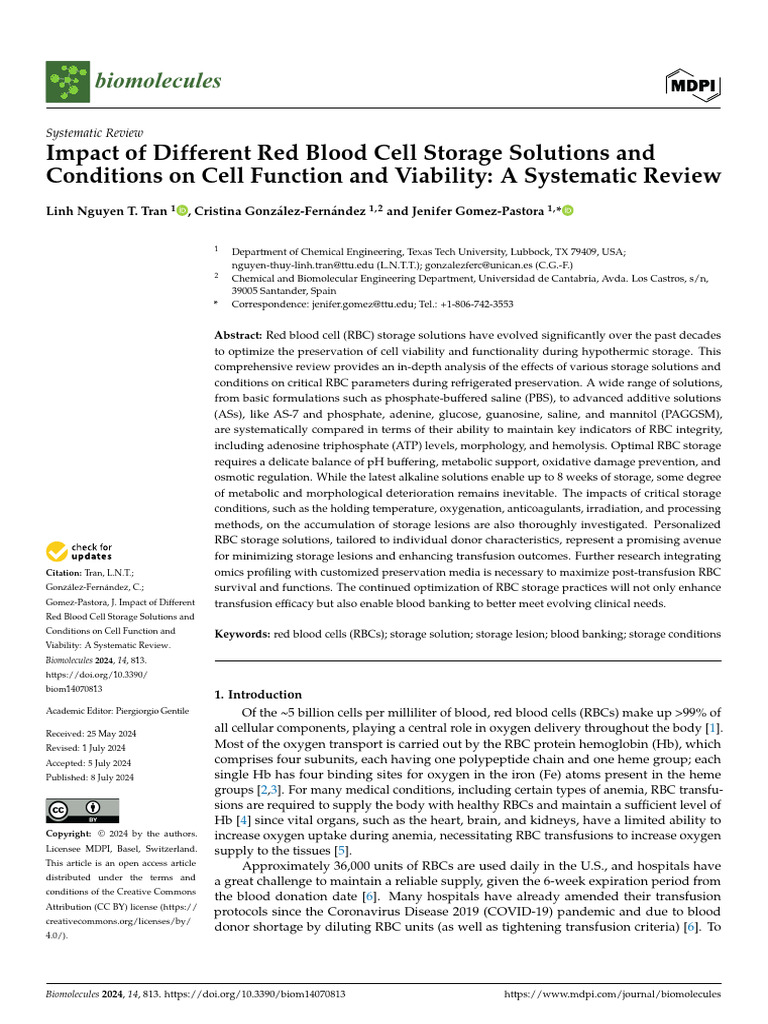 Biomolecules-14-00813 | PDF | Red Blood Cell | Blood Transfusion