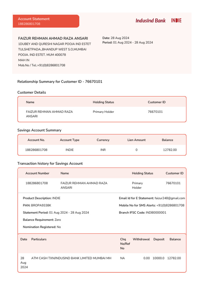 IndusInd Bank Account Statement Summary | PDF | Service Industries | Services (Economics)