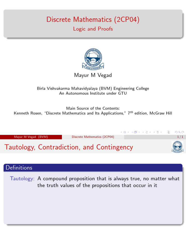 Discrete Mathematics: Logic Basics | PDF | Contradiction | Contingency ...