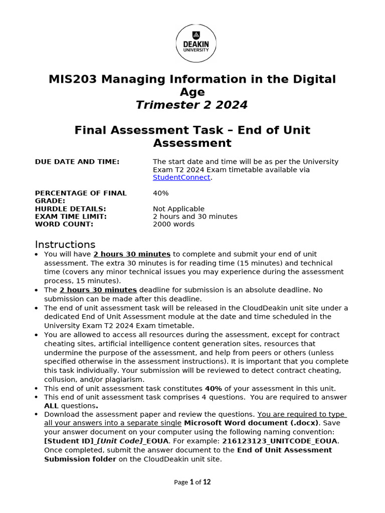 MIS203 Final Assessment Overview | PDF | Computer Security | Security