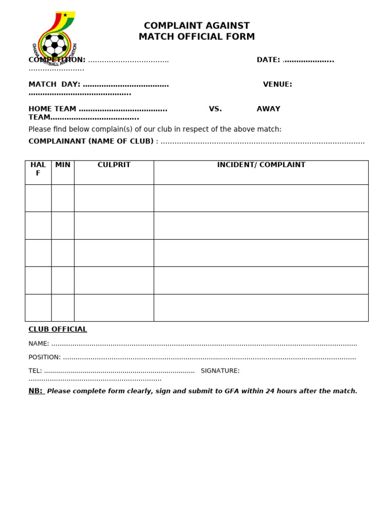 Match Official Complaint Form | PDF