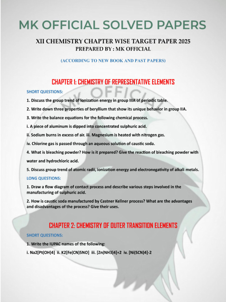 Xii Chemistry Chapter Wise Target Paper 2025 by MK Official | PDF