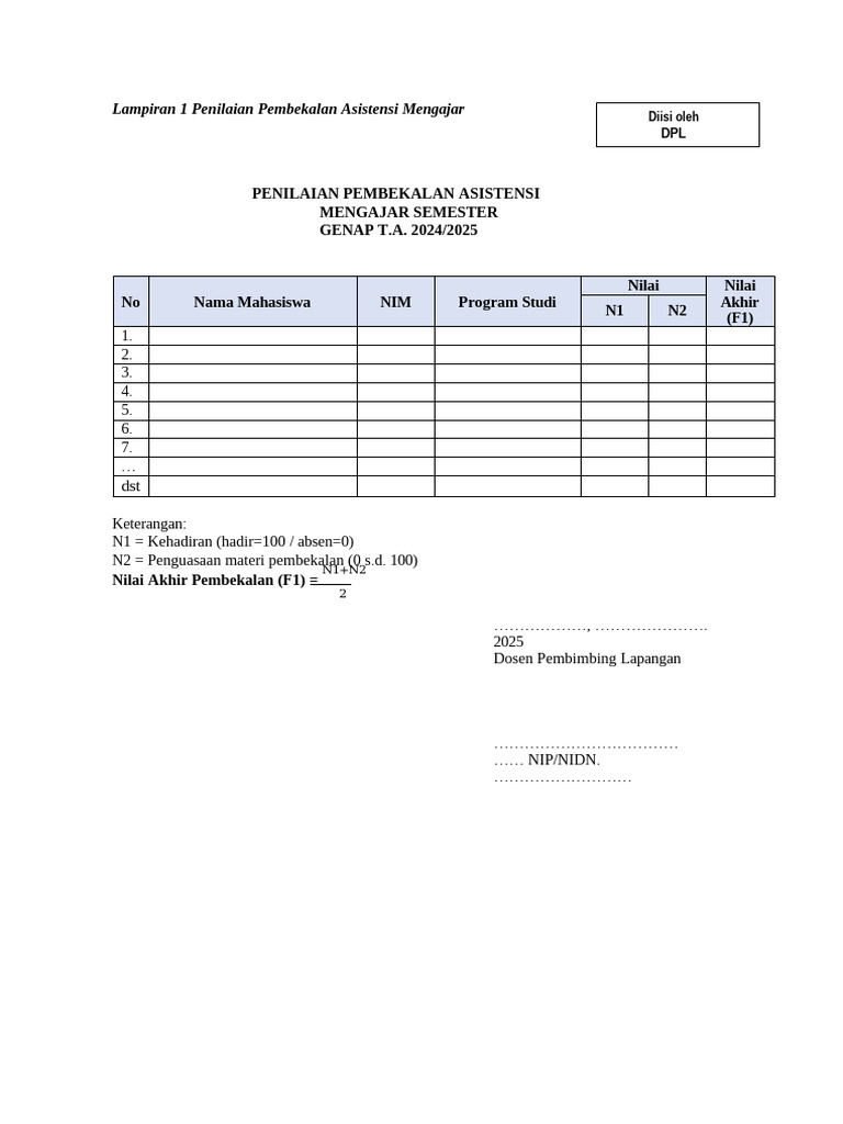Lampiran 1 Penilaian Pembekalan Asistensi Mengajar | PDF