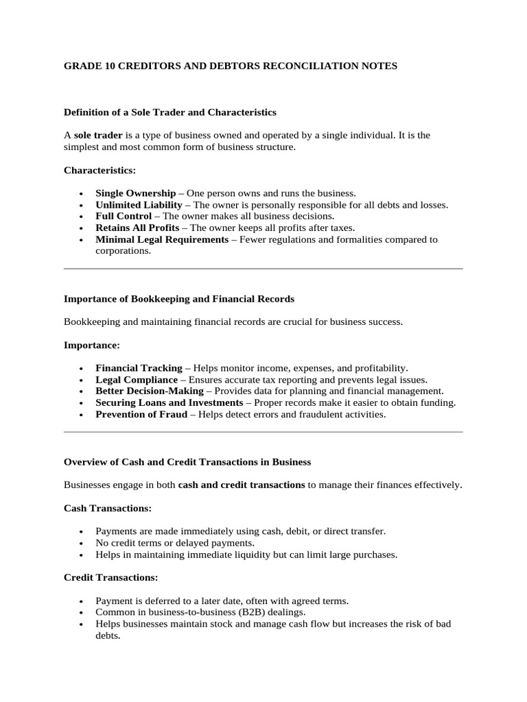 Grade 10 Creditors and Debtors Reconciliation Notes | PDF | Debits And ...