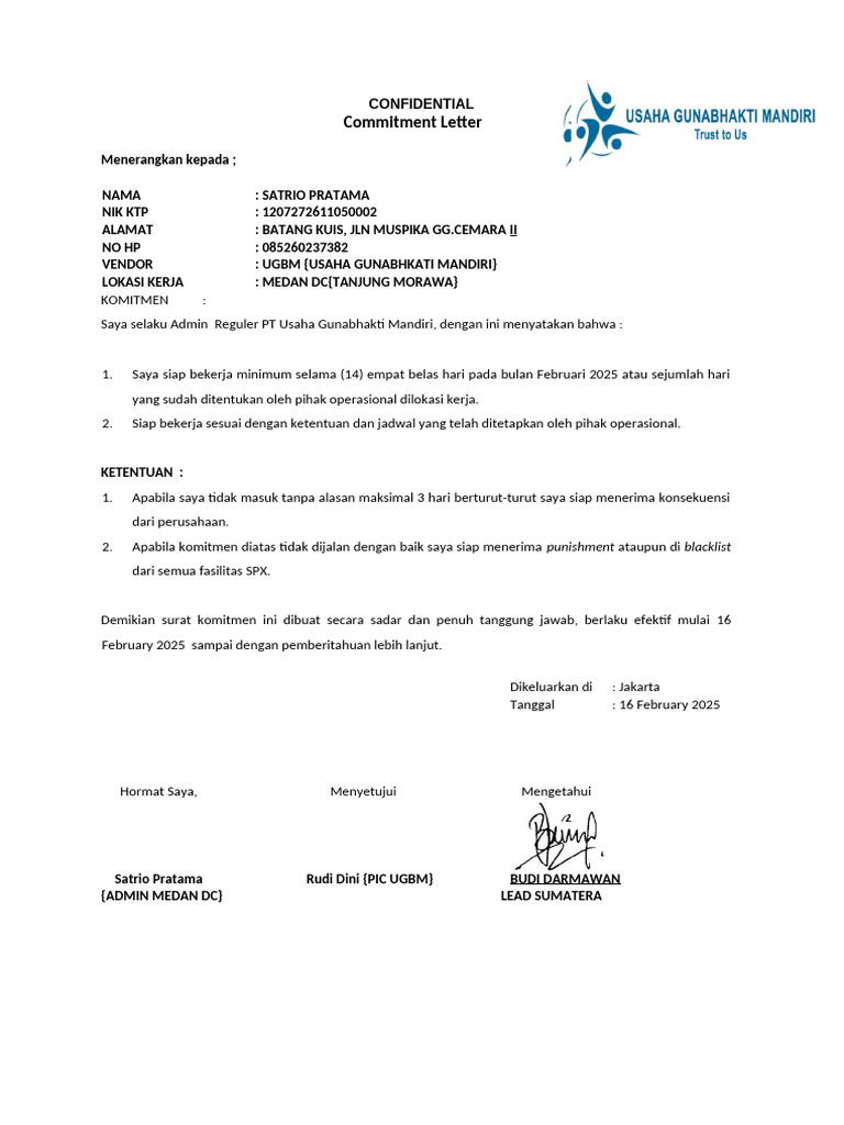 Surat Komitmen Vendor UGBM 2025 | PDF