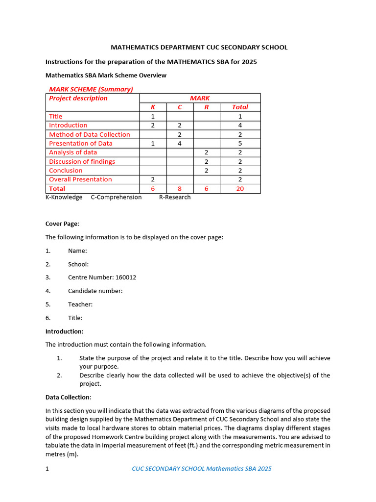 Math SBA 2025 Report Preparation Instructions | PDF | Data | Measurement