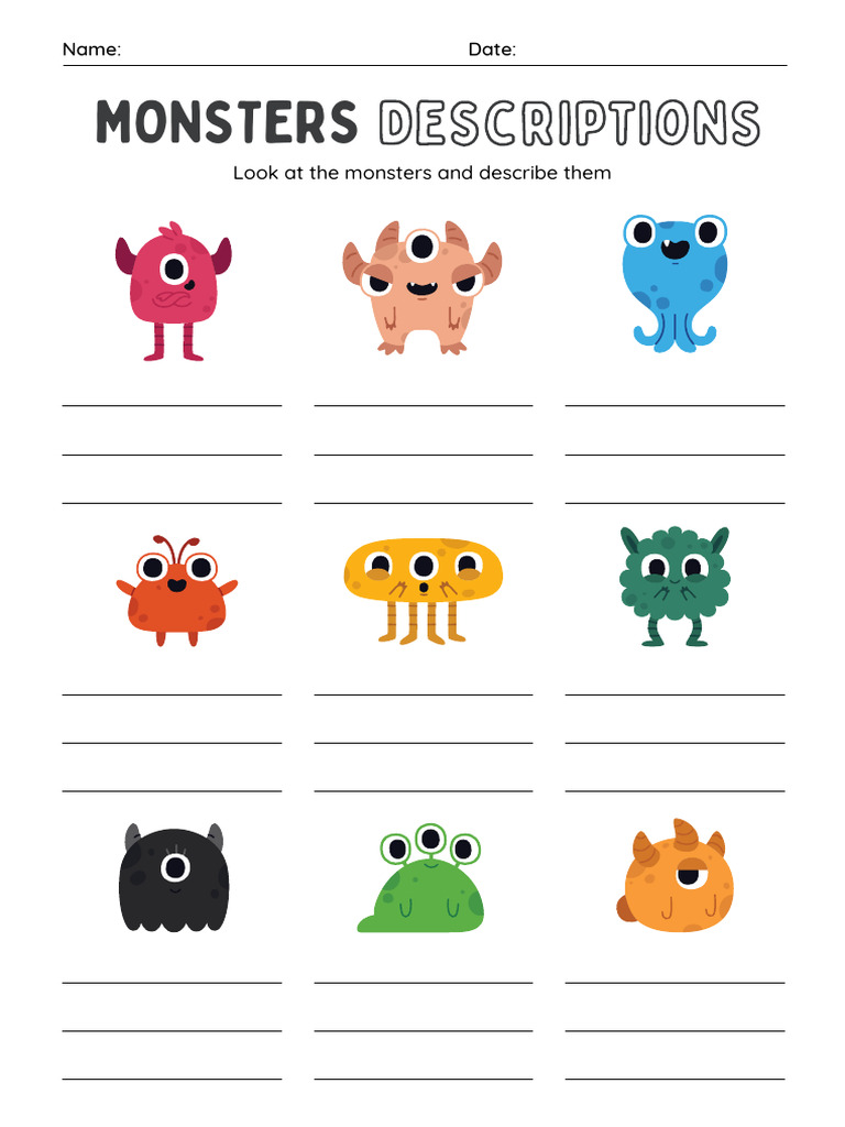 Monsters Descriptions Worksheet in Colorful Playful Style | PDF