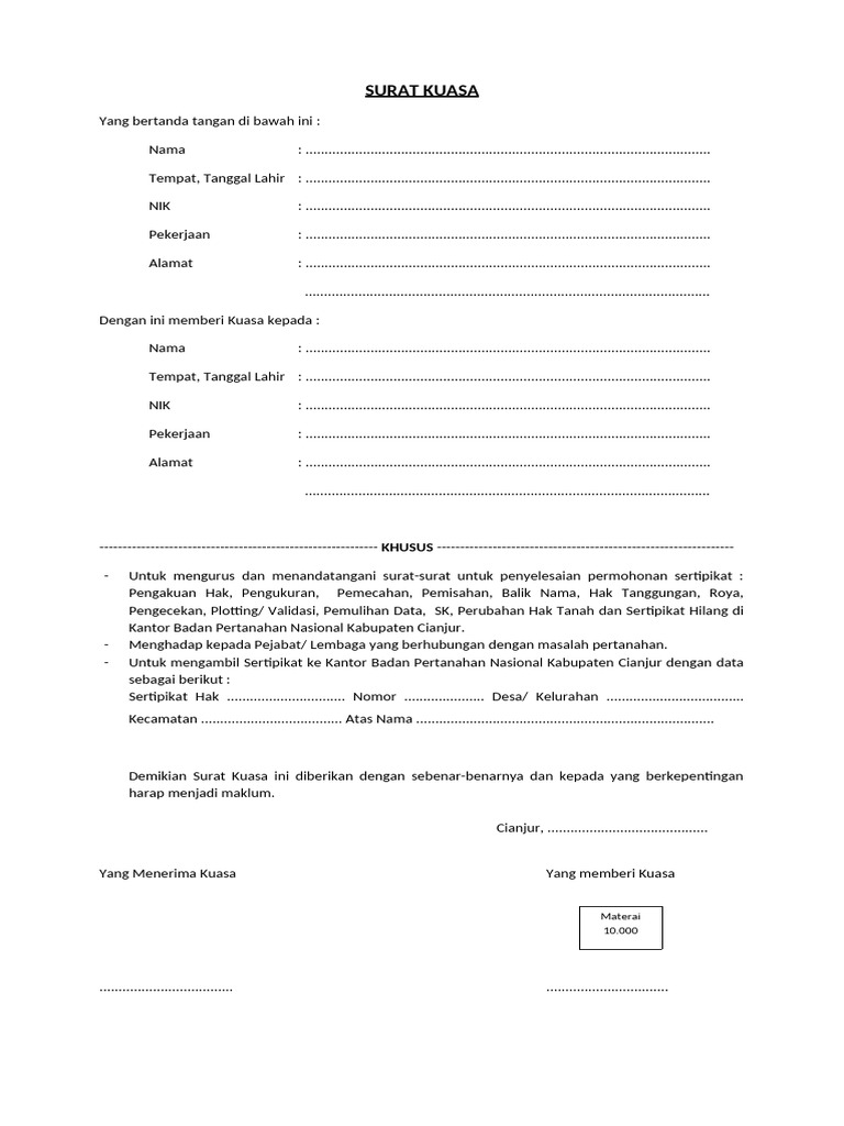 contoh surat kuasa | PDF