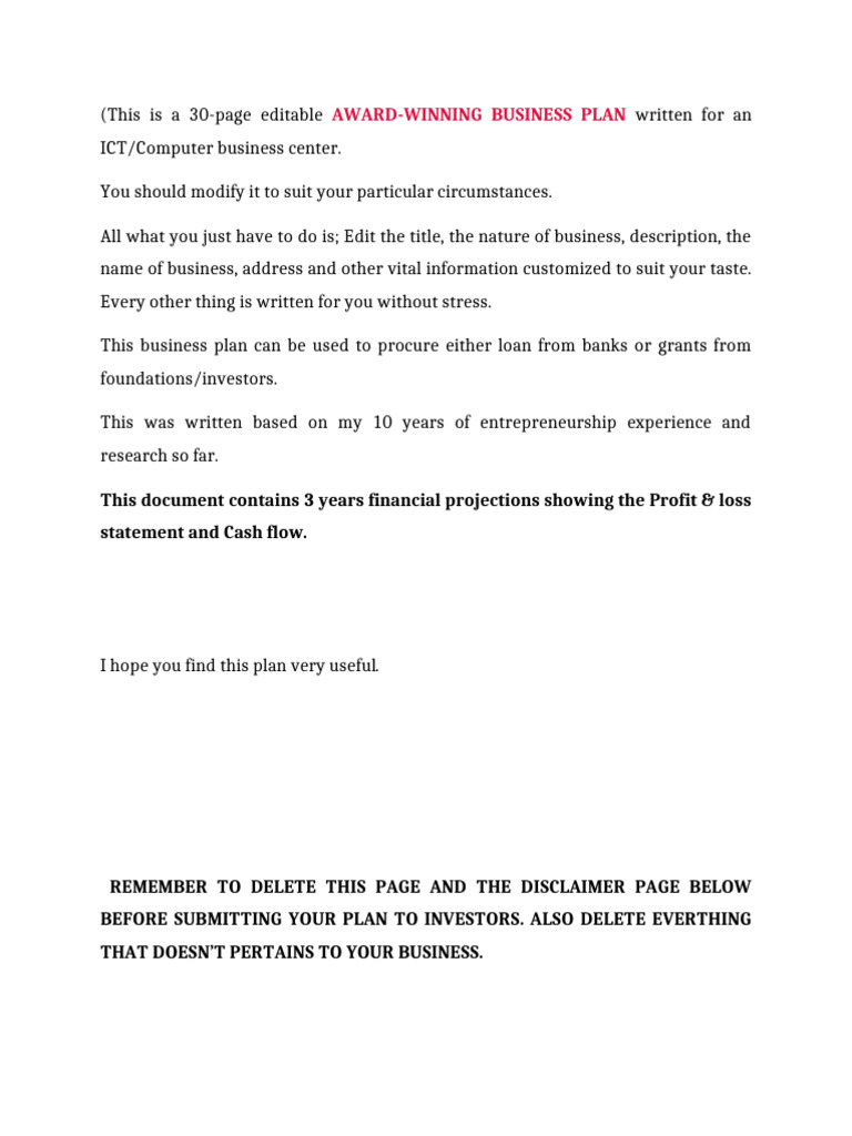 Editable Business Plan Template | PDF | Printer (Computing) | Expense