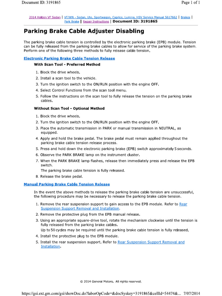 Parking Brake Cable Adjuster Disabling & Enabling | PDF