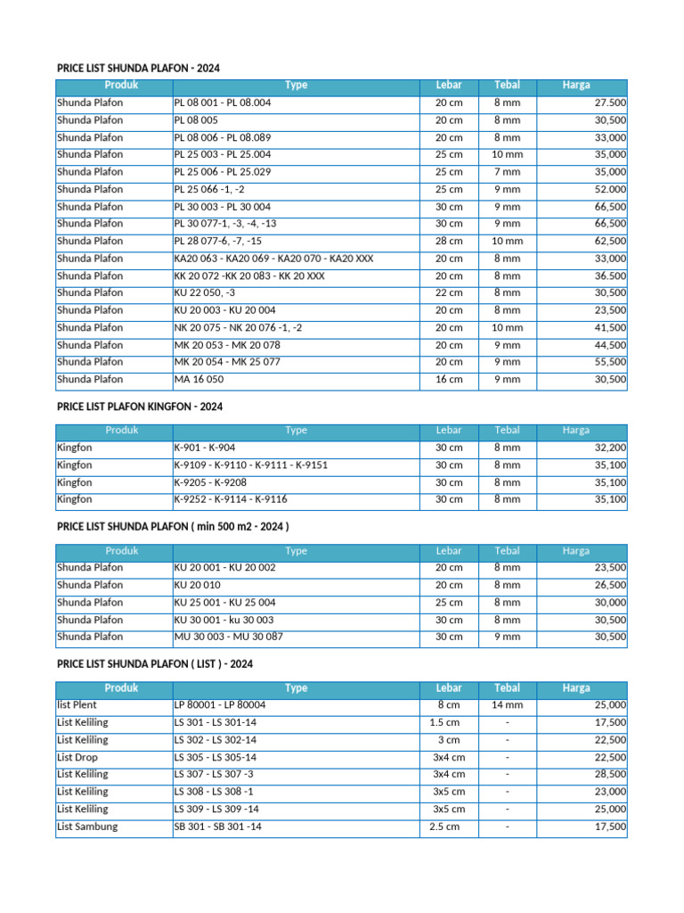 Shunda Plafon Price List 2024 | PDF
