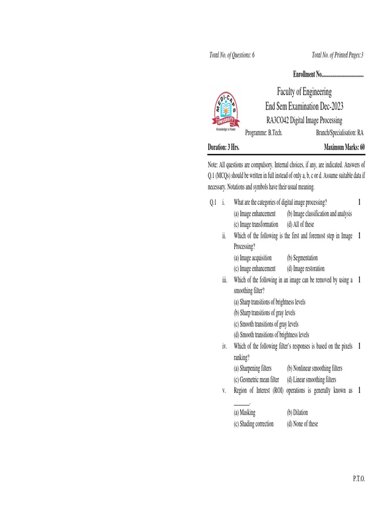 RA3CO42 Digital Image Processing QP | PDF | Discrete Fourier Transform | Data Compression