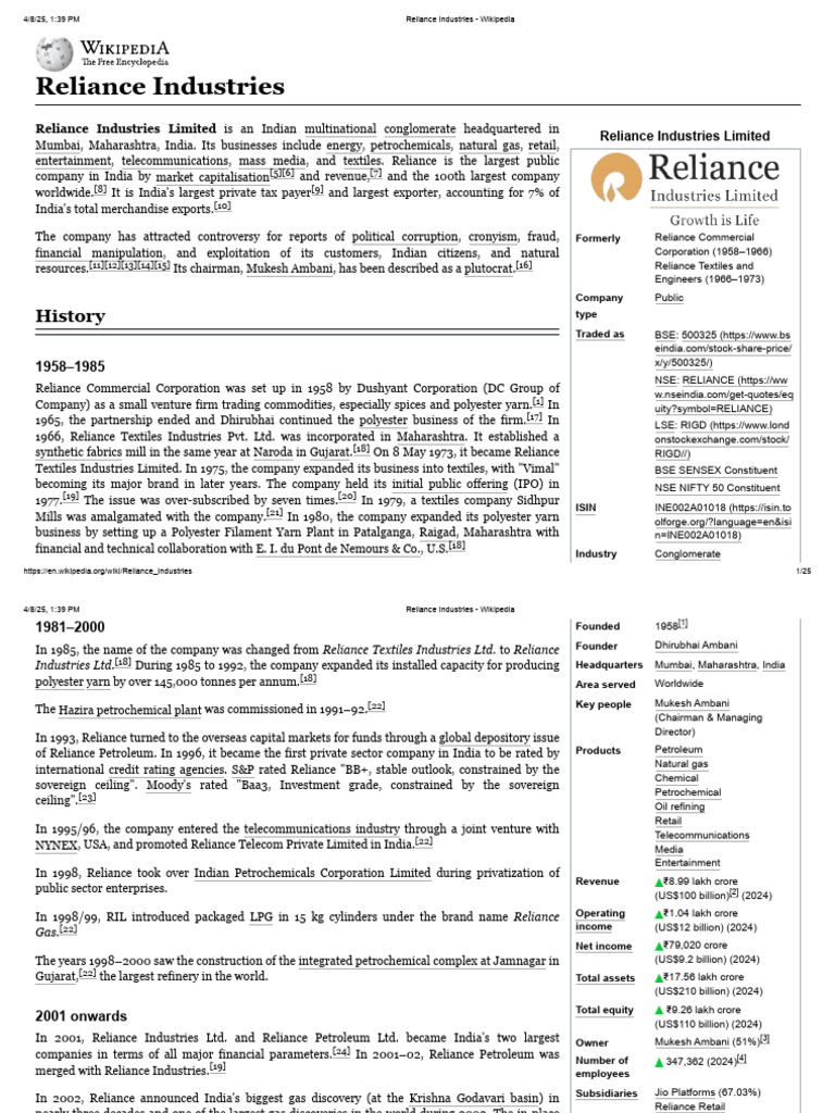 Reliance Industries - Wikipedia | PDF
