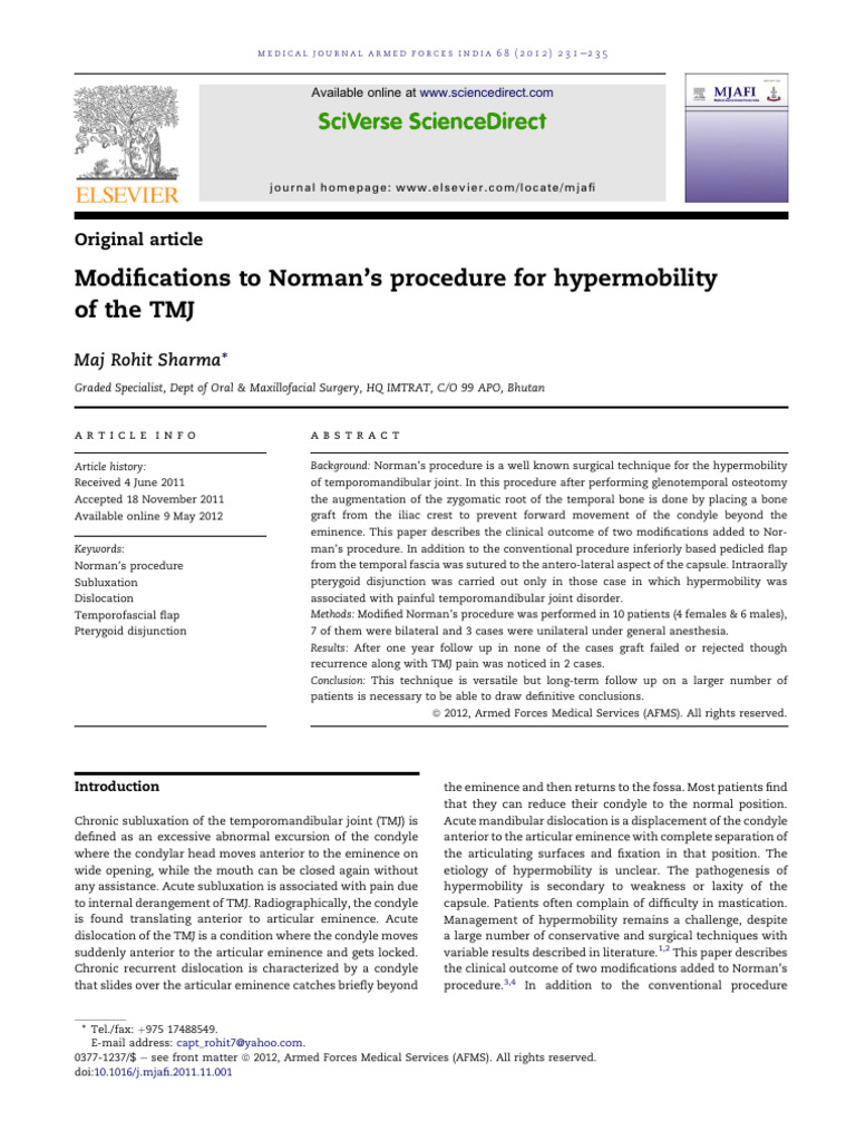 Modifications To Norman's Procedure For Hypermobility of The TMJ | PDF ...