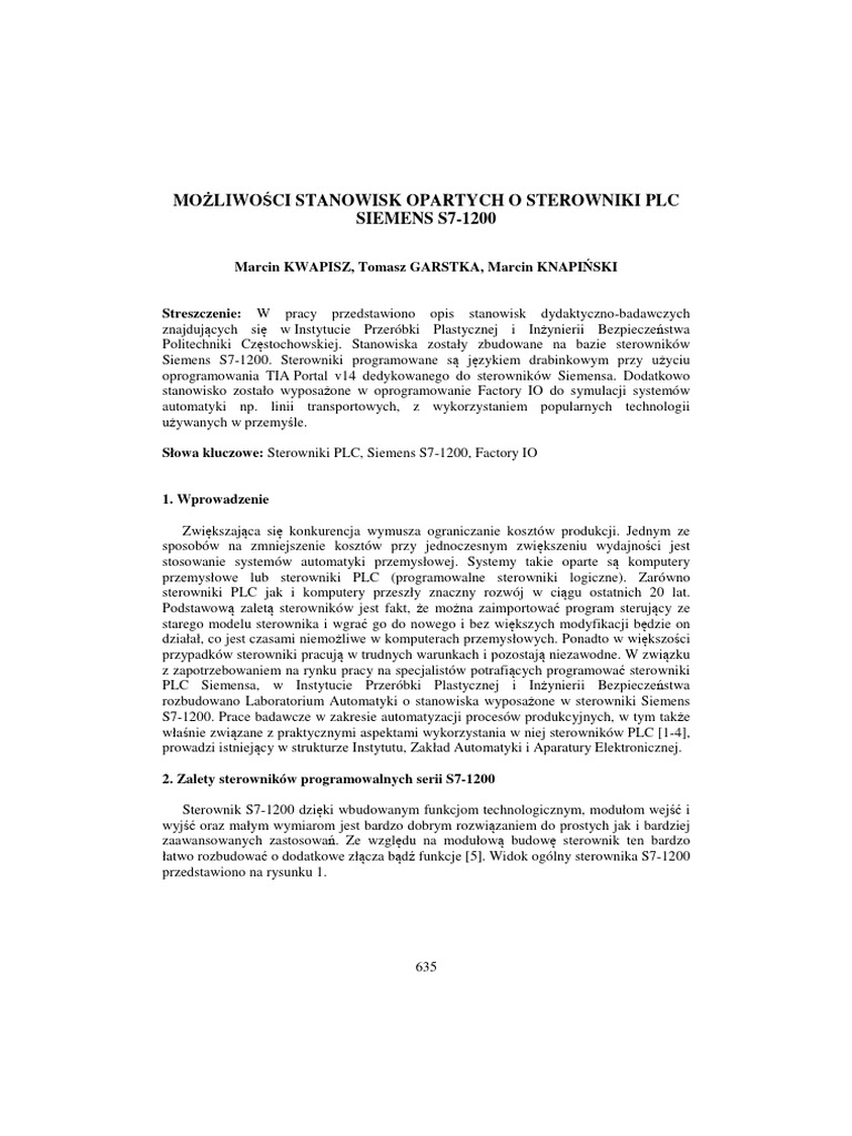 MO Liwo Ci Stanowisk Opartych O Sterowniki PLC SIEMENS S7-1200 | PDF