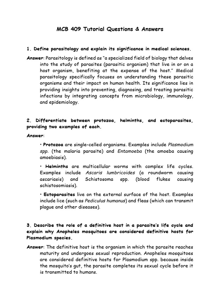 MCB 409 Tutorial Questions & Answers | PDF | Parasitism | Plasmodium
