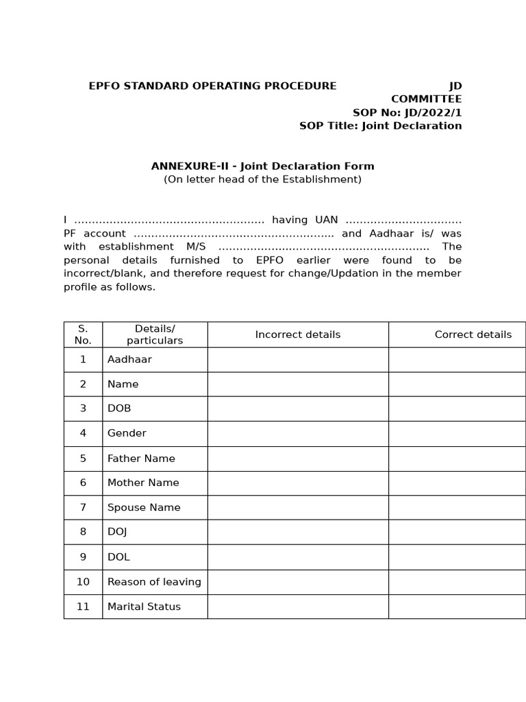EPFO Joint Declaration SOP 2022 | PDF
