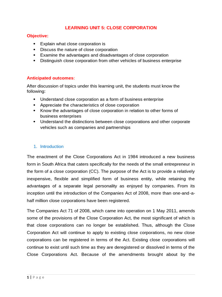 Learning Unit 5 Close Corporation | PDF | Liquidation | Corporations