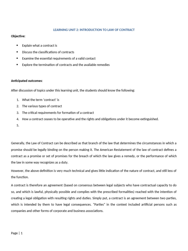 Learning Unit 2 Introduction To Law of Contract | PDF | Damages ...