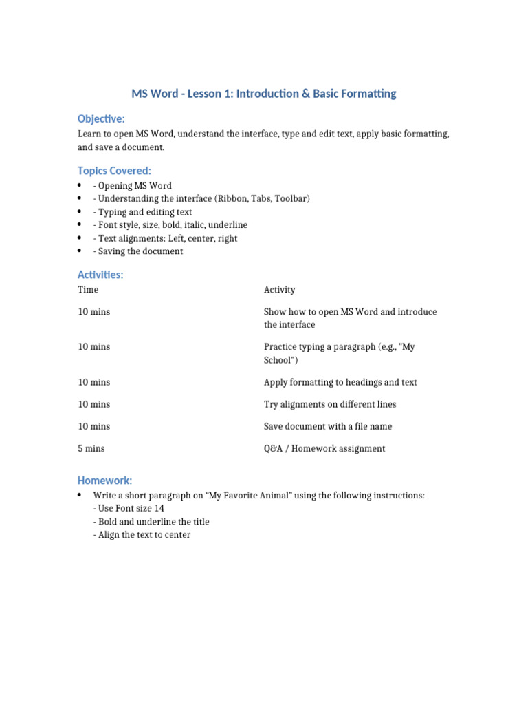 MS Word Lesson 1 | PDF