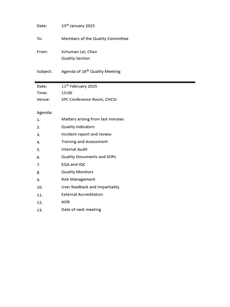 16th Quality Meeting Agenda & Minutes | PDF | Medical Specialties