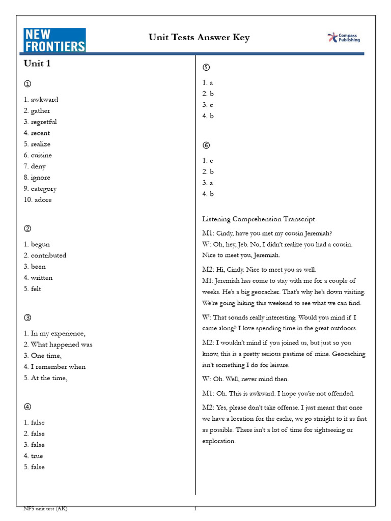 New Frontiers 5 - Unit Test - Answer Key | PDF | Sushi