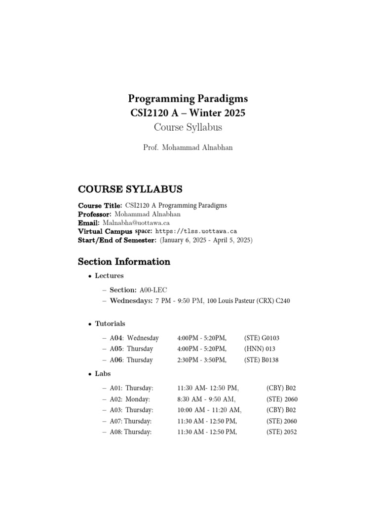 CSI2120 Course_Syllabus_MAlnabhan_Winter2025 | PDF | Scheme (Programming Language) | Computer ...
