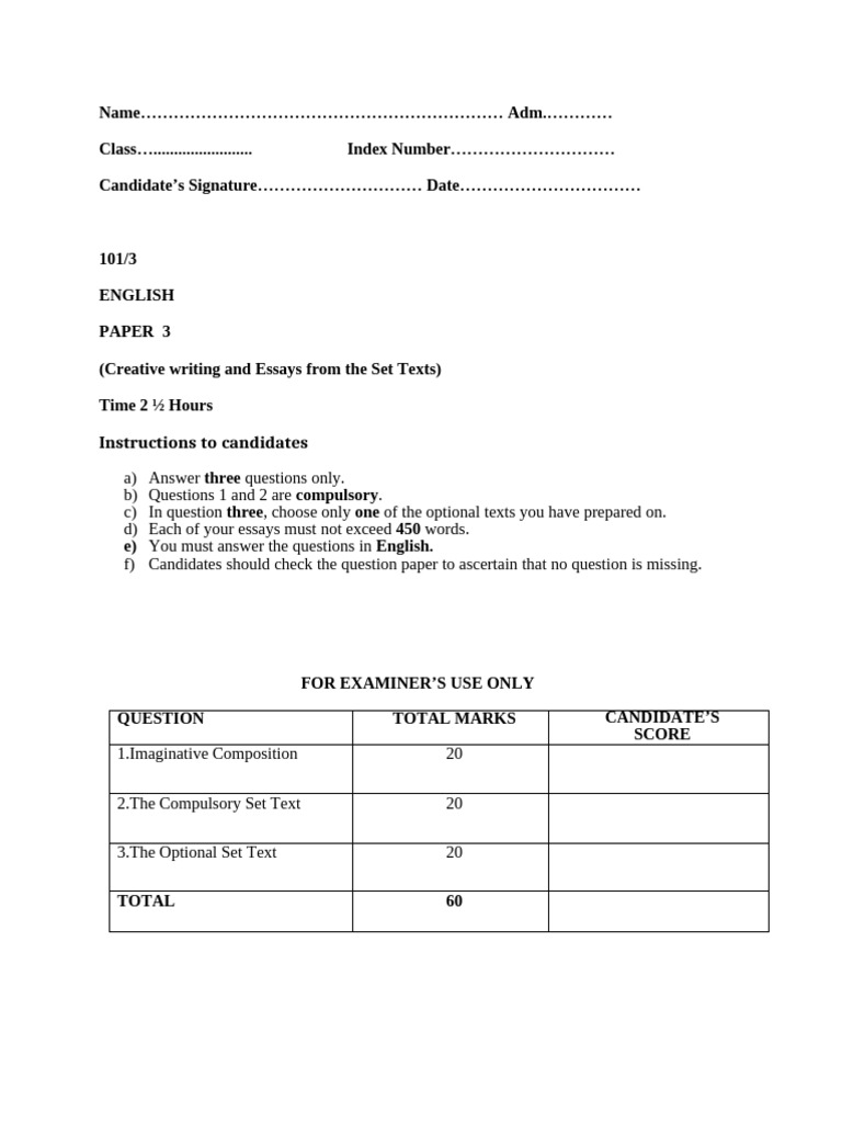 English Paper 3 Exam: Creative Writing & Essays | PDF