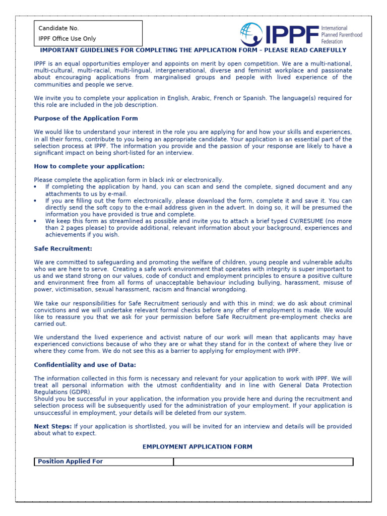 IPPF Application Form 2024 | PDF | Recruitment | Résumé
