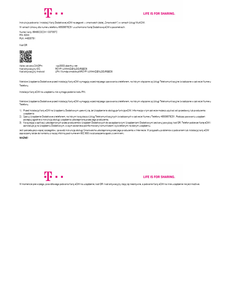 Instrukcja Instalacji Karty Dodatkowej Esim Xxxxxxxxxxxxxx70572 | PDF