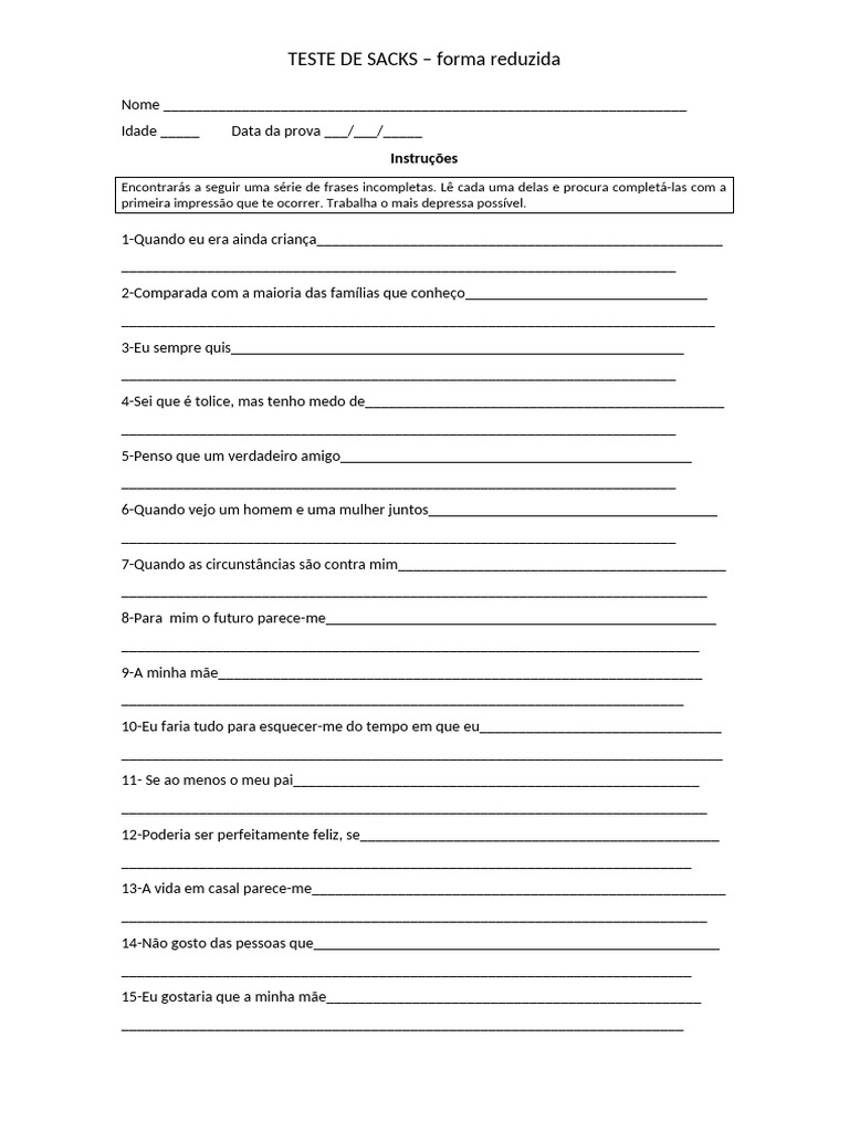 Teste de Sacks: Reflexões Pessoais | PDF