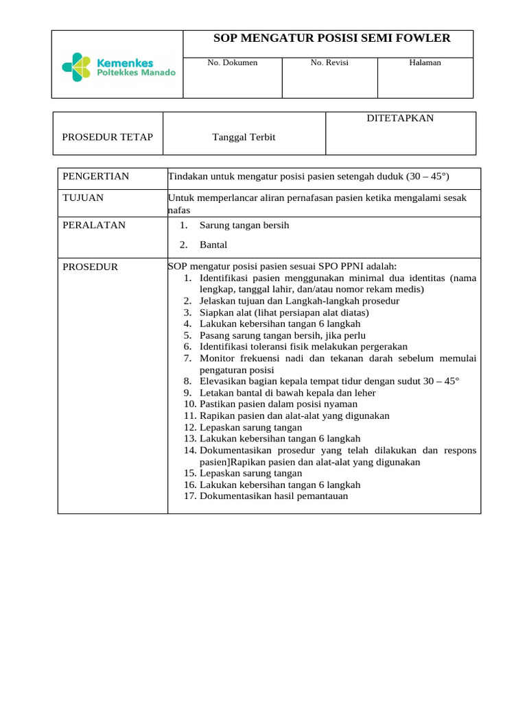 SOP MENGATUR POSISI SEMI FOWLER | PDF