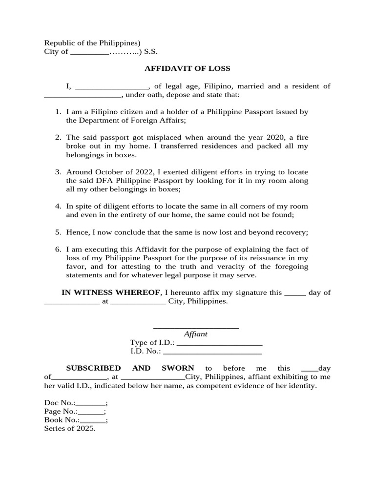 Sample Affidavit of Loss - Passport | PDF