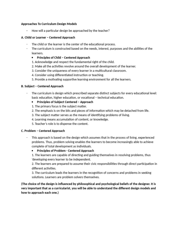 Approaches To Curriculum Design Models | PDF | Learning | Curriculum