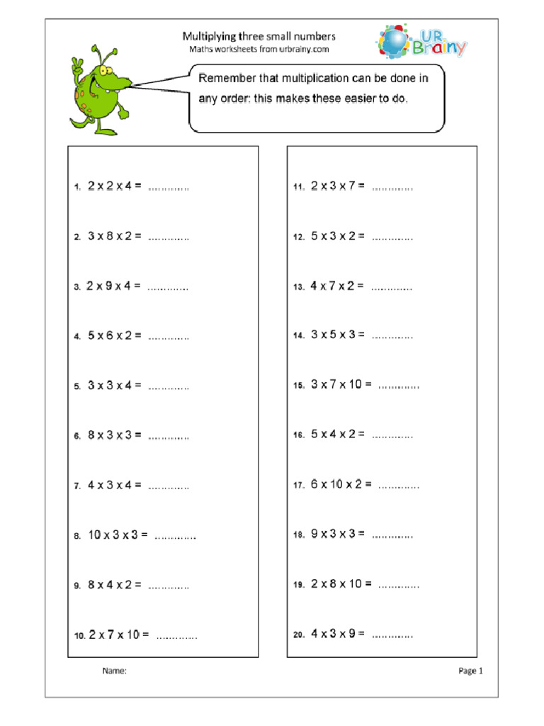 Worksheet (Multiplying 3 Numbers) | PDF