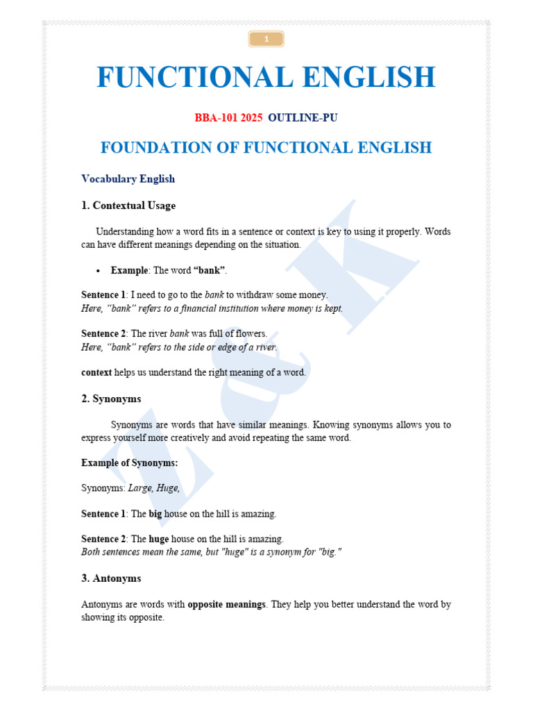 Functional English BBA-101 As Per Outline P. by ZK | PDF | Grammatical Number | Adverb