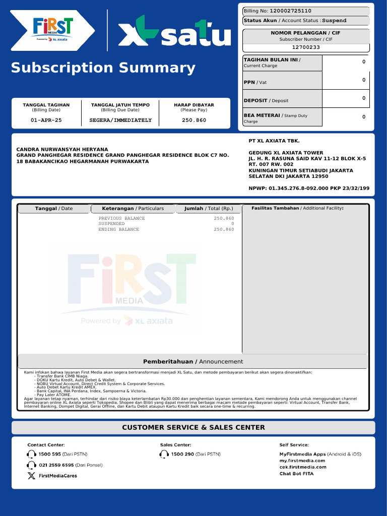 Subscription Summary: Subscriber Number / CIF | PDF