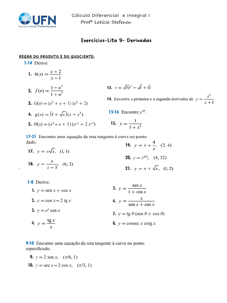 Exercícios de Derivadas em Cálculo I | PDF
