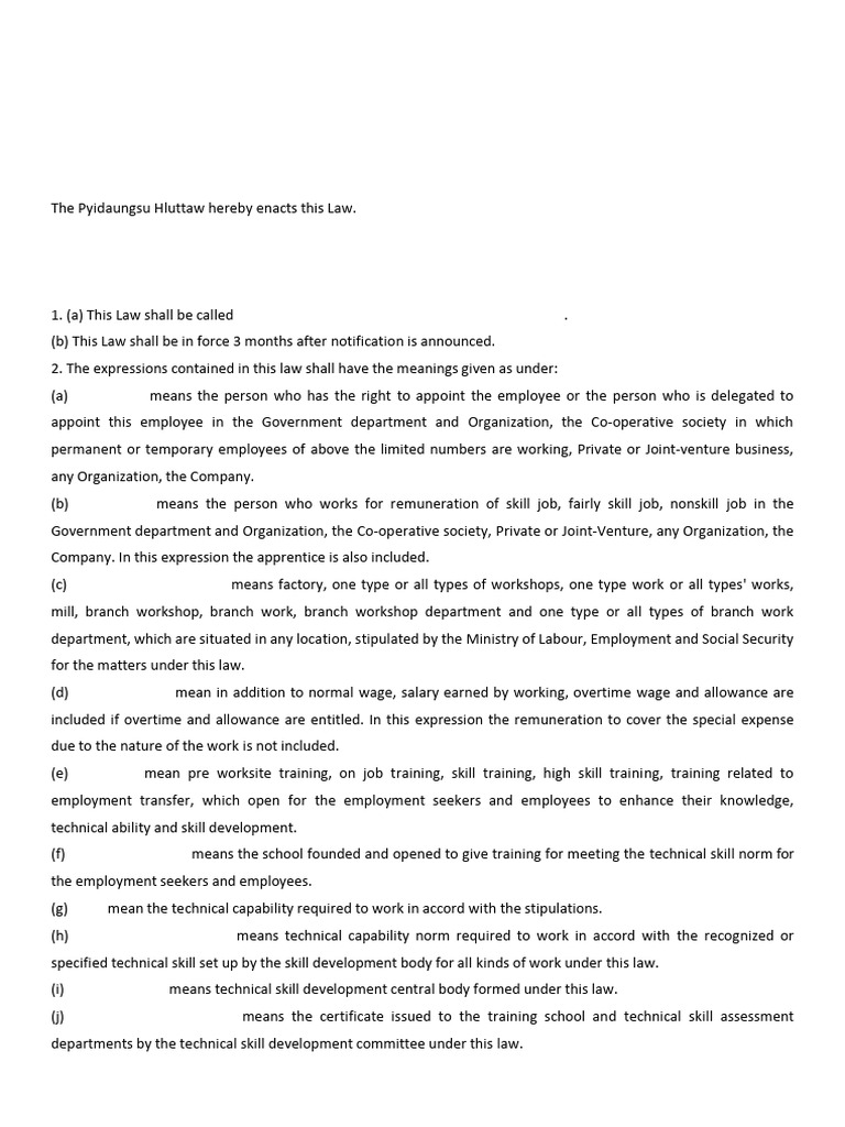 Myanmar Employment and Skill Law Overview | PDF | Employment | Salary