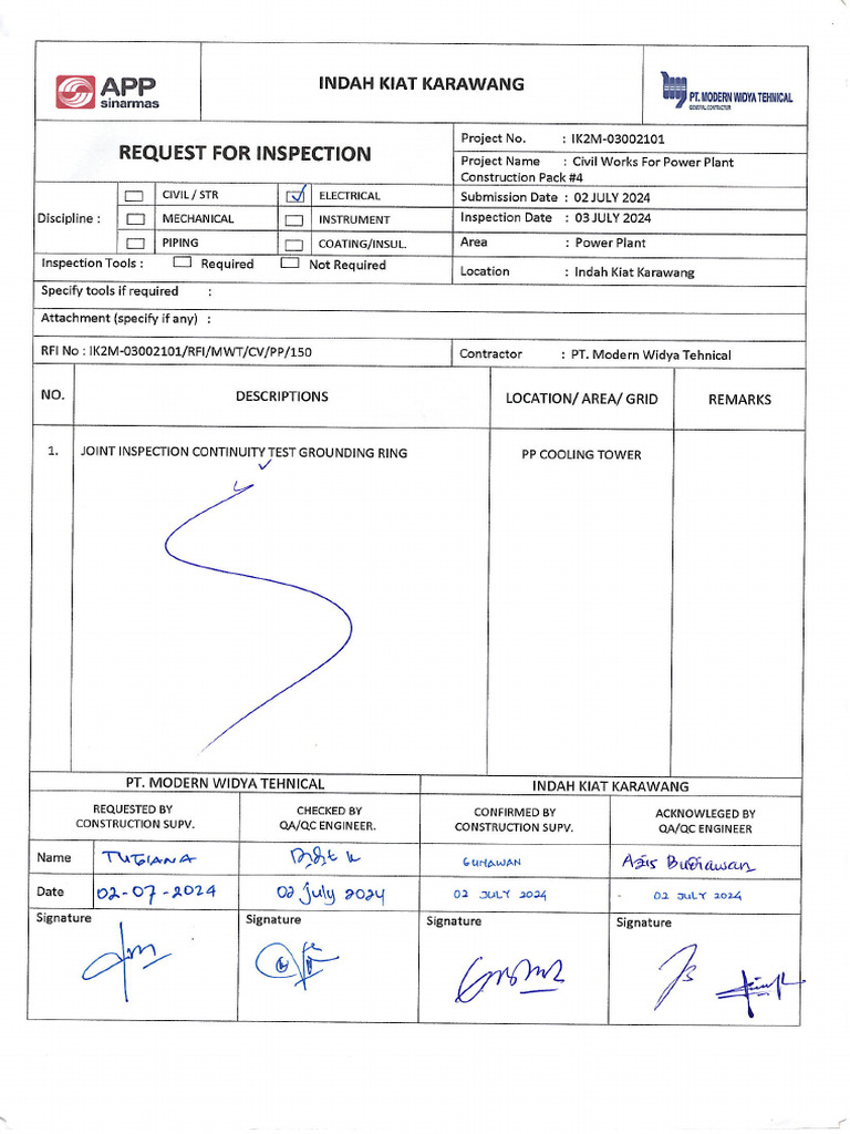 Joint Inspection Continuity Test Grounding Ring Area Cooling Tower | PDF