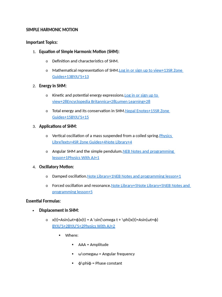 Class 12 Simple Harmonic Motion Guide | PDF | Oscillation | Motion ...