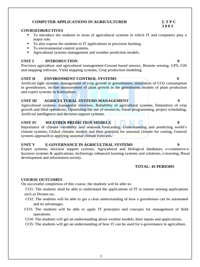Computer Application in Agricultures (Open Elective) Jayanth.k | PDF | Agriculture